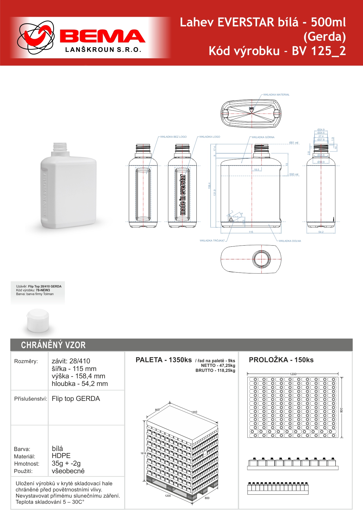 Lahev EVERSTAR 500ml bílá (Gerda) - BEMA-LA