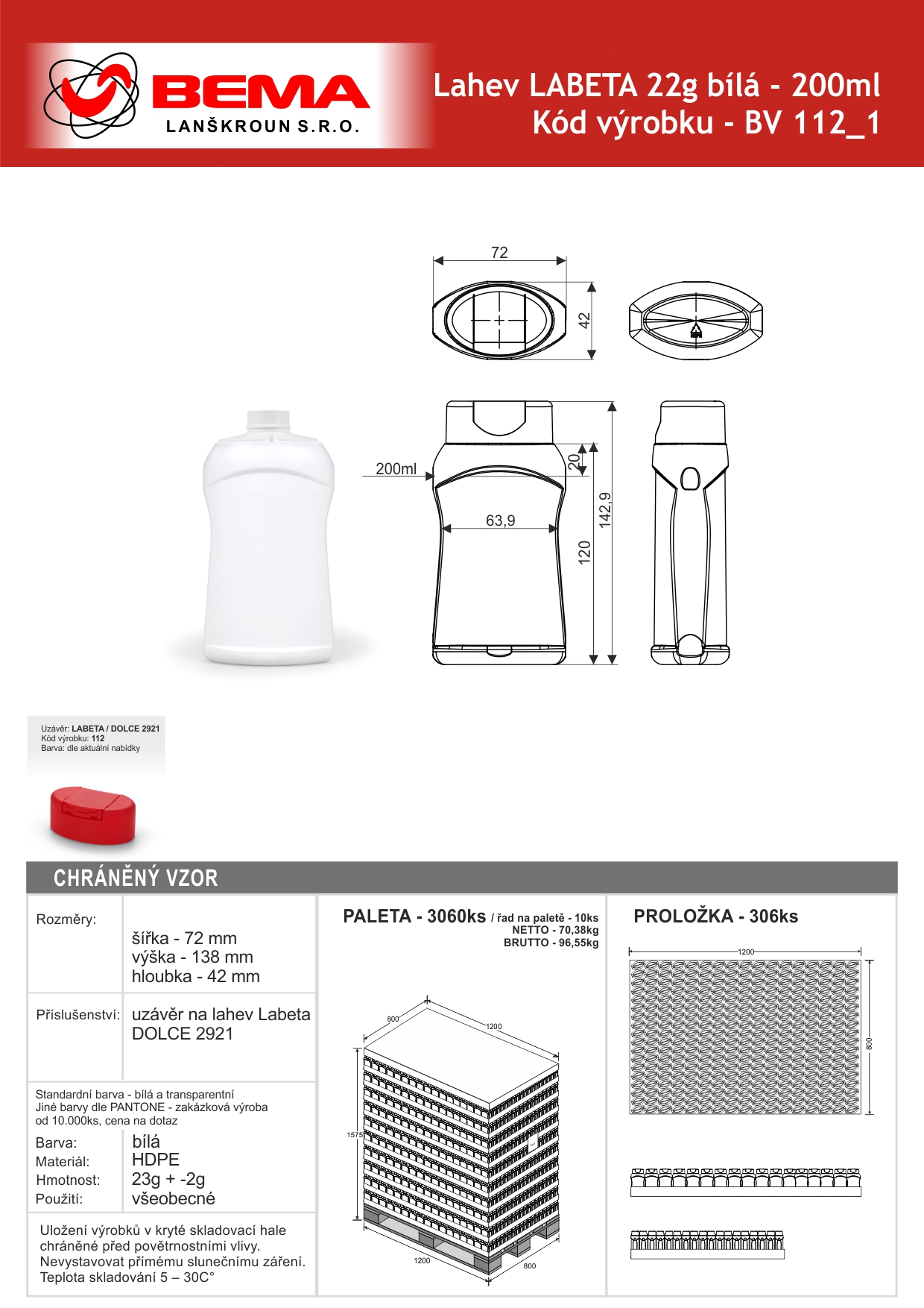 Lahev LABETA 200ml 22g bílá - BEMA-LA